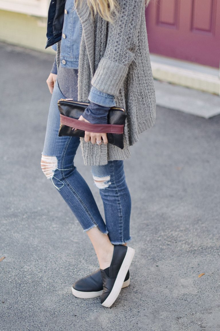 open knit cardigan over a denim jacket - One Brass Fox